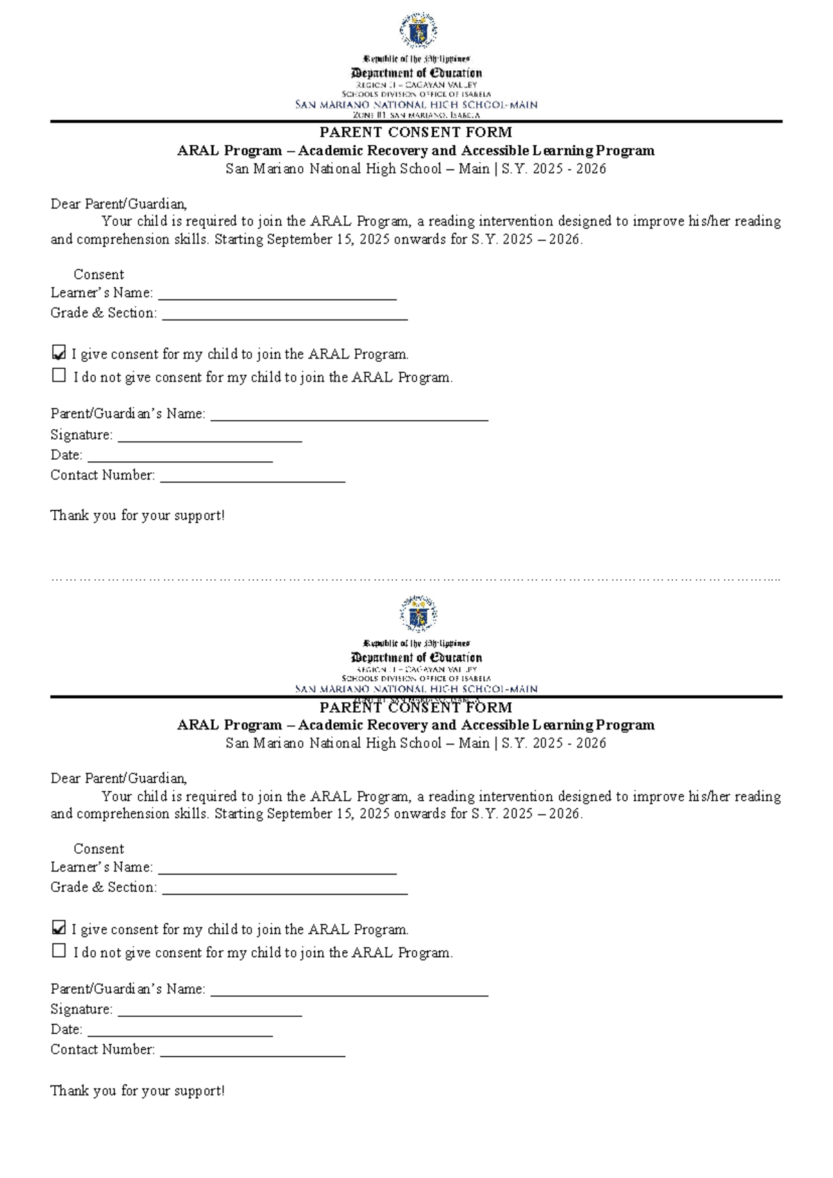 Parent Consent Form for ARAL Program S.Y. 2025-2026 - Studocu