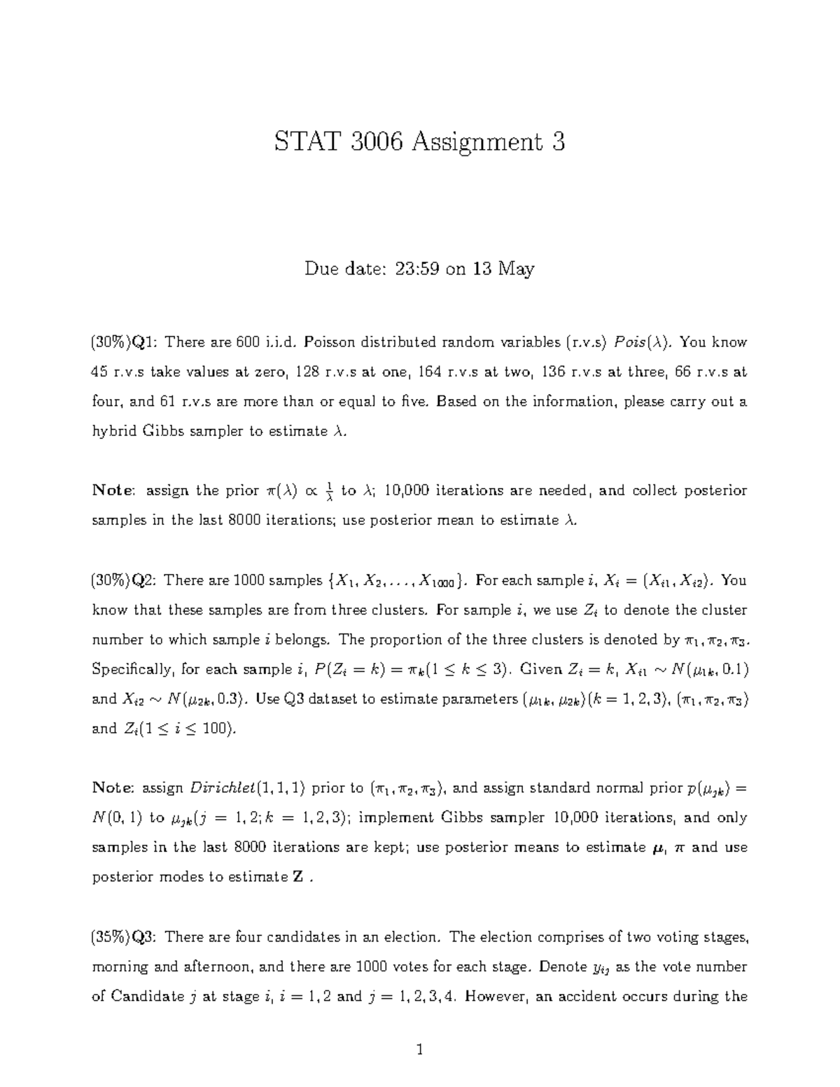 STAT 3006 Assignment 3: Hybrid Gibbs Sampler for Poisson Estimation ...