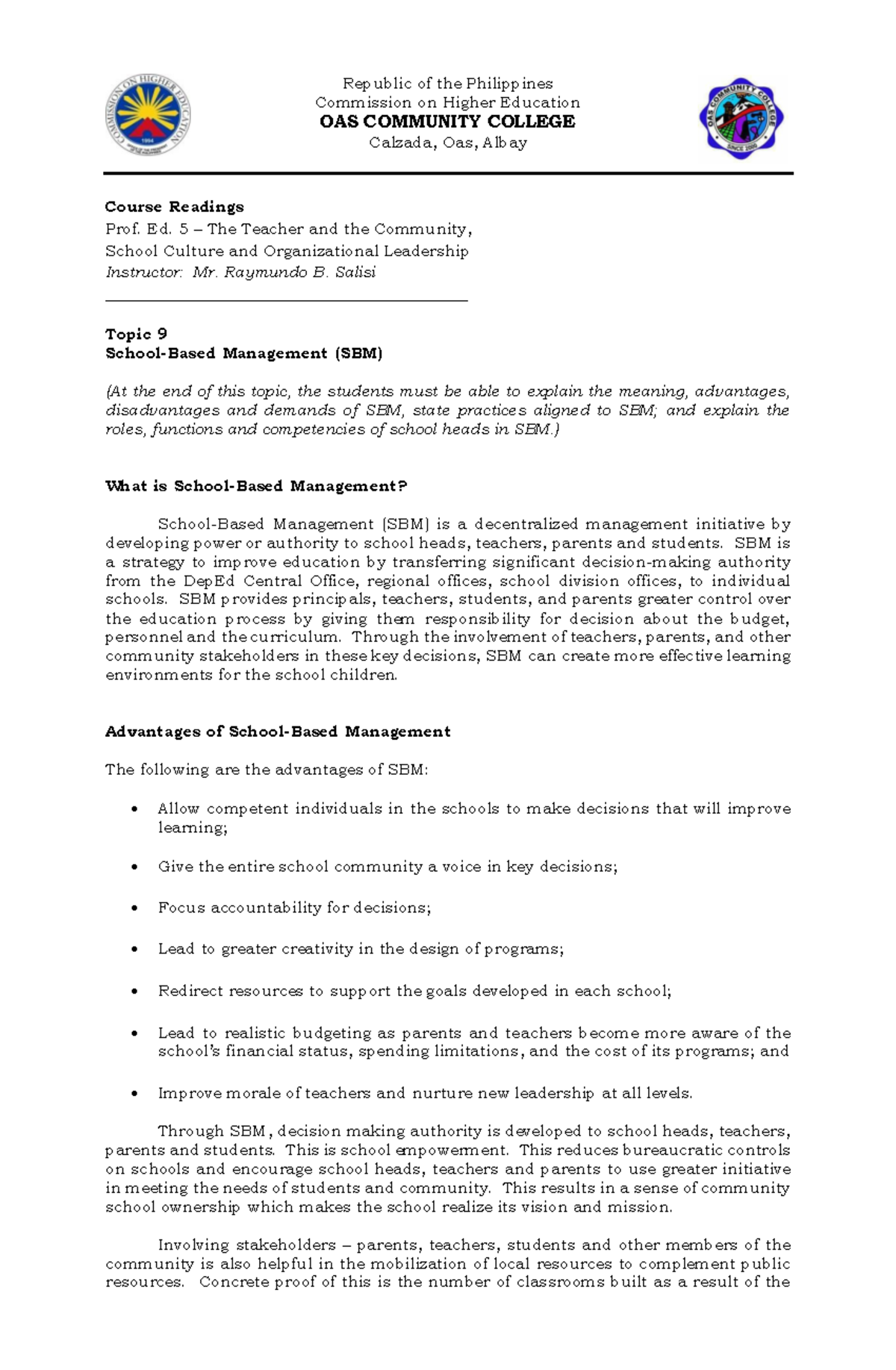 Prof. Ed 5 Course Reading 9: Understanding School-Based Management (SBM ...
