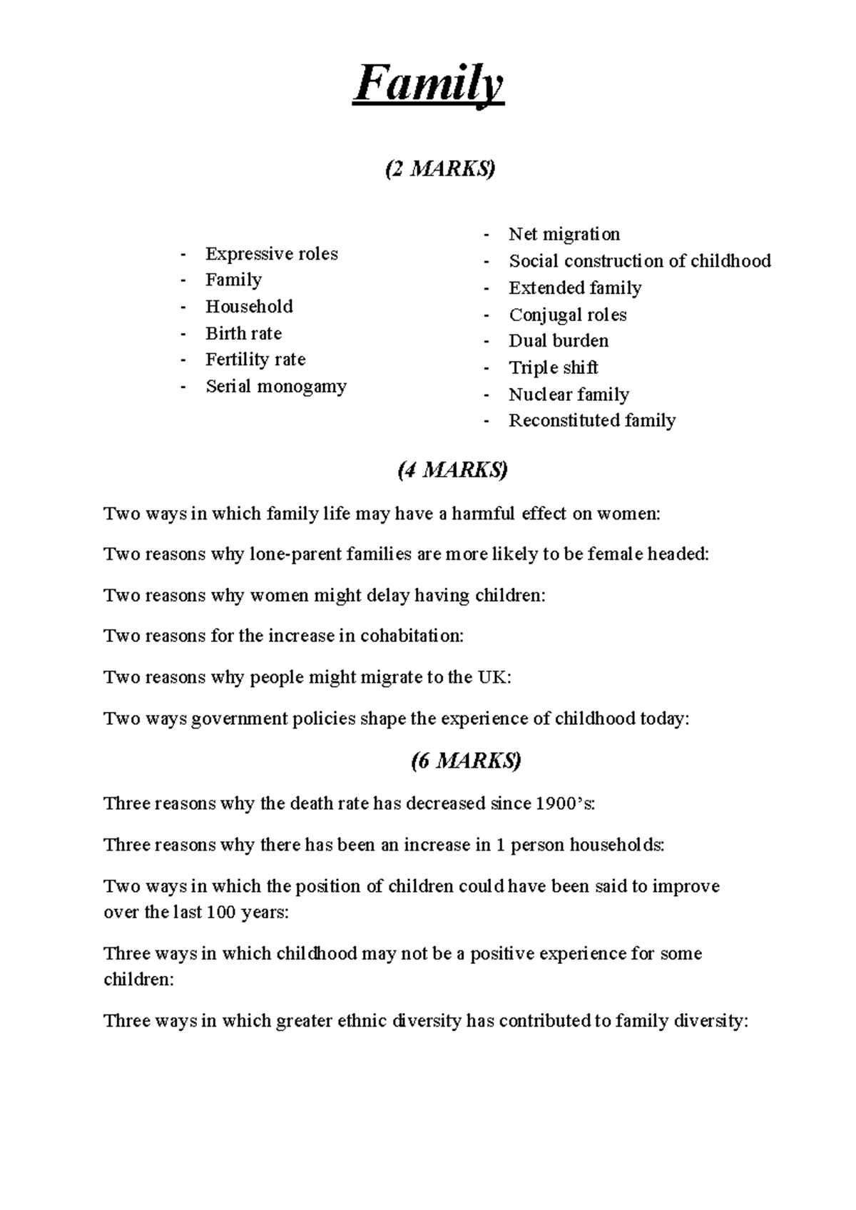 Family questions - Family (2 MARKS) - Expressive roles - Family ...