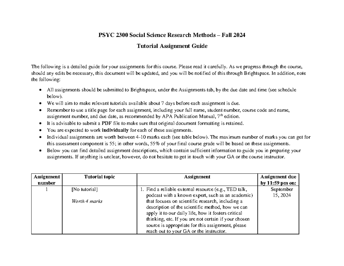 PSYC 2300 Fall 2024 Assignment Guide and Requirements Overview - Studocu