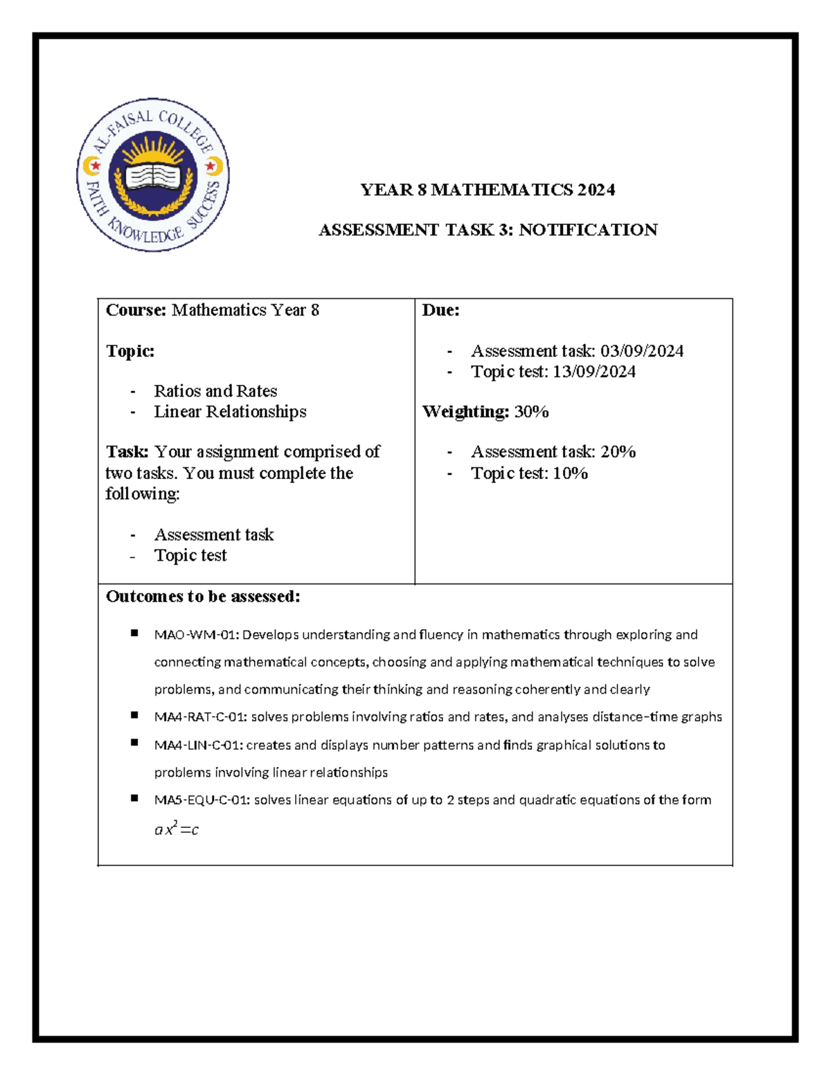 Year 8 Mathematics Assessment Task 3: Ratios and Linear Relationships ...