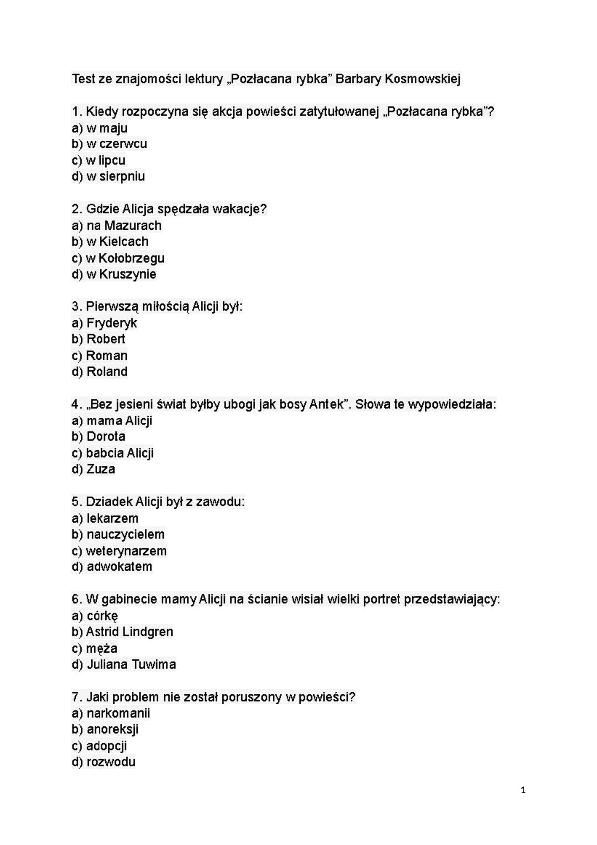 Test znajomości lektury „Pozłacana rybka” - Klucz Odpowiedzi - Studocu
