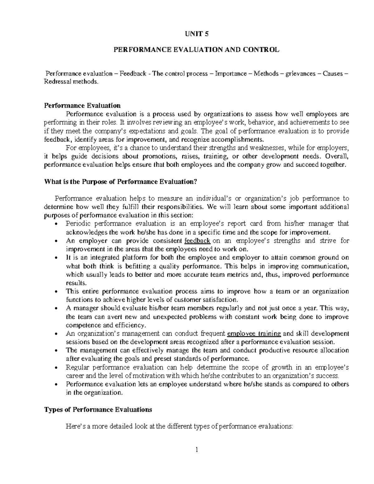 HRM UNIT V: Performance Evaluation, Control & Grievance Handling - Studocu