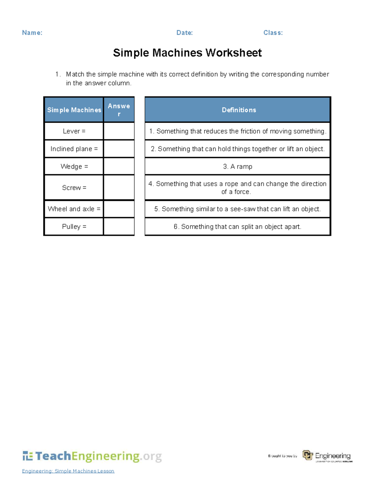 ENGR 101: Simple Machines Worksheet 1 - Definitions Matching - Studocu