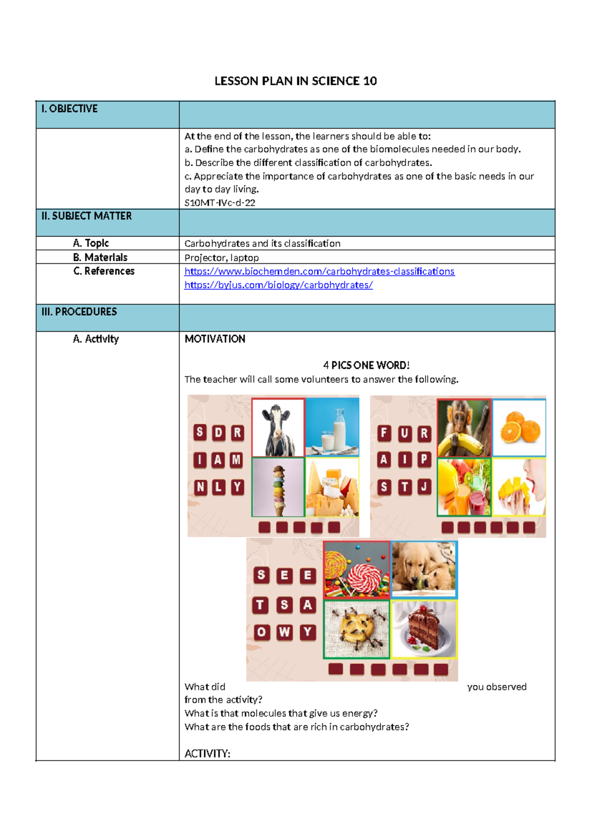 Lesson Plan for Science 10: Understanding Carbohydrates (113128) - Studocu