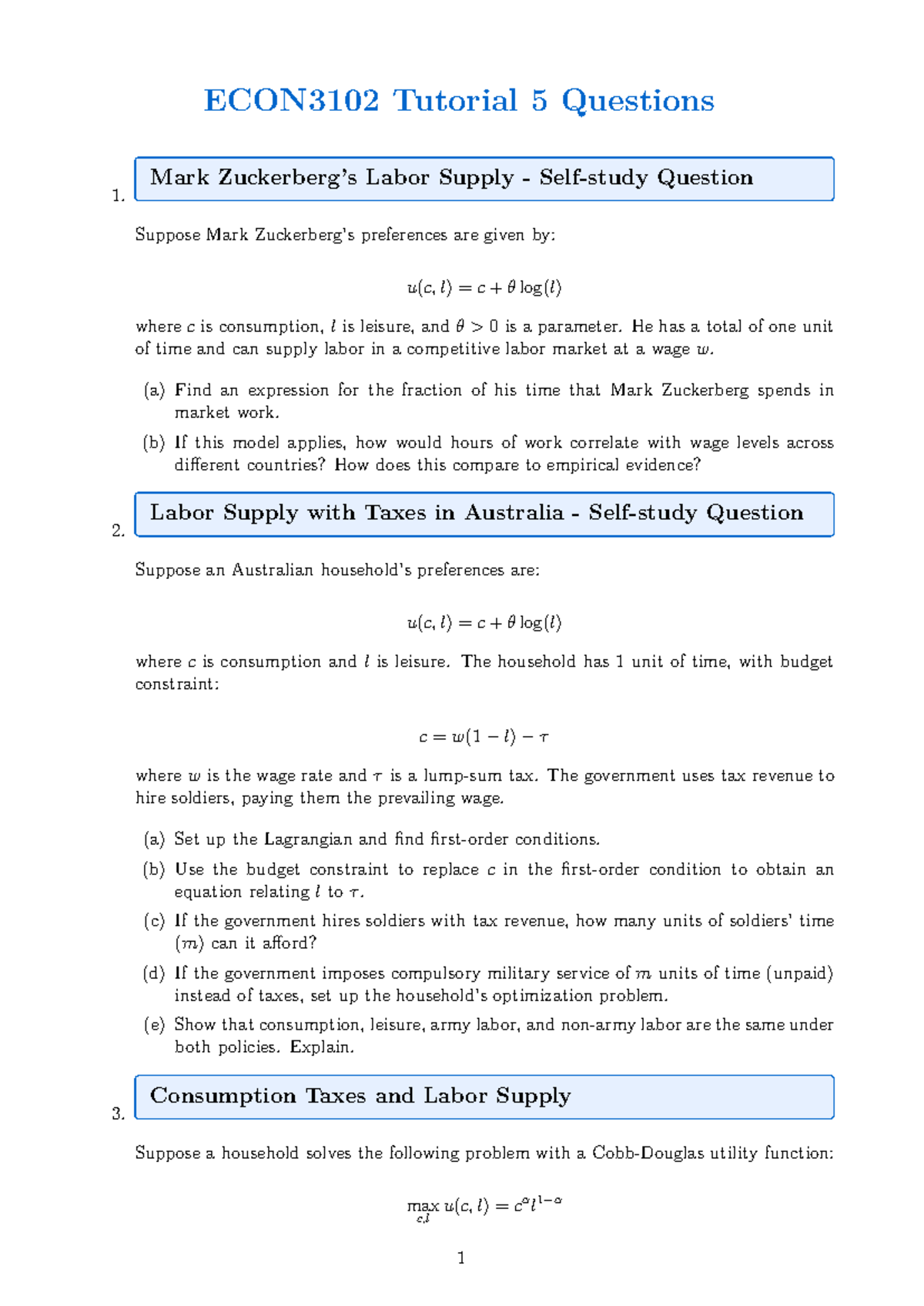 ECON3102 Tutorial 5: Labor Supply & Taxation Analysis - Studocu