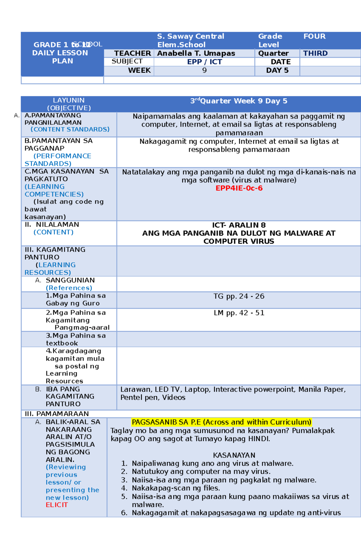 EPP 4 COT 1 - COT - GRADE 1 to 12 DAILY LESSON PLAN SCHOOL S. Saway ...