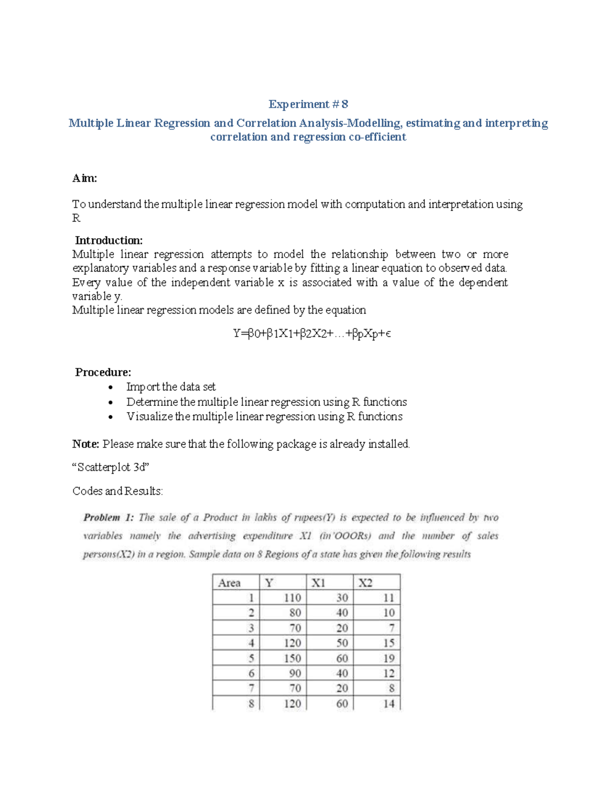 Experiment 8: Multiple Linear Regression & Correlation Analysis - Studocu