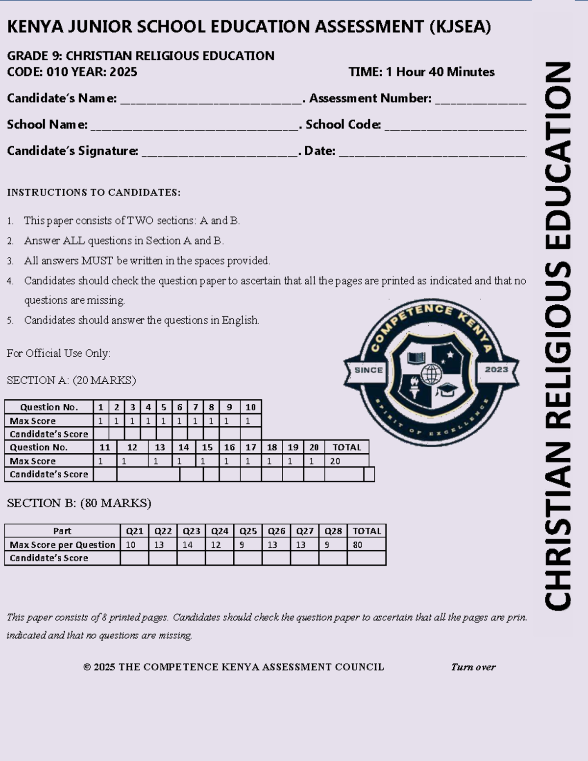 Grade 9 CRE Midterm Exam Revision Questions - KJSEA 2025 - Studocu