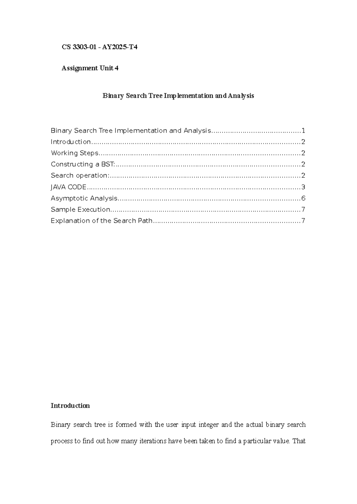 CS3303 Assignment Unit 4: Binary Search Tree Implementation Report ...