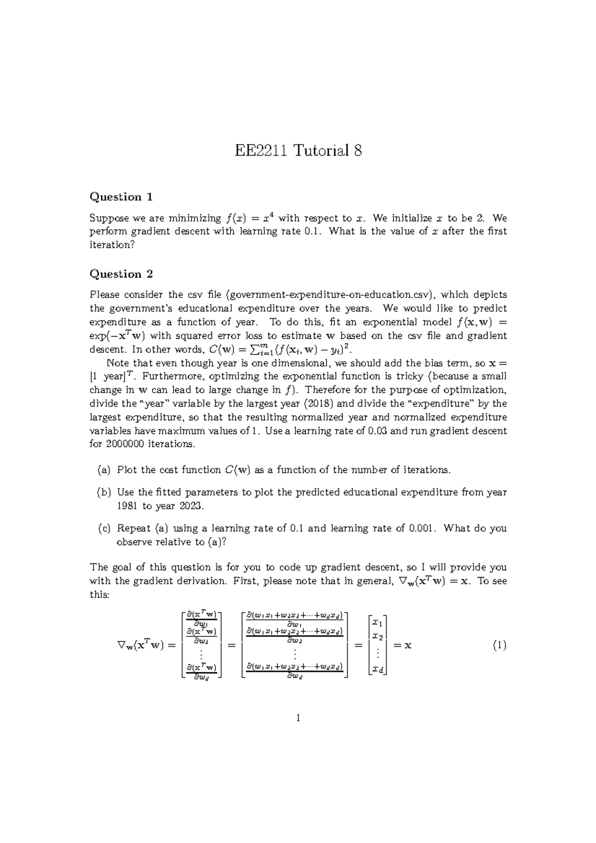 Tutorial 8 - tut qn - EE2211 Tutorial 8 Question 1 Suppose we are ...