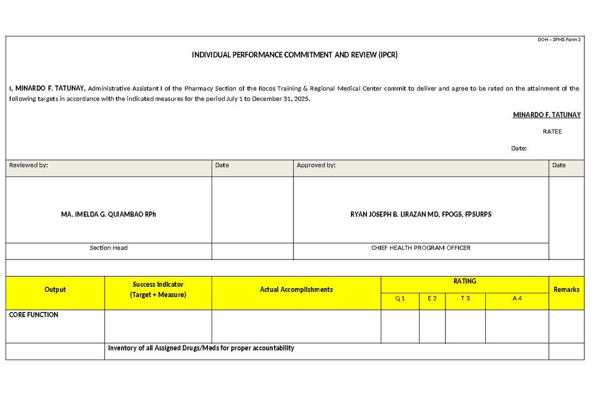 KARL Delos Santos IPCR Report for Jan-Jun 2025 Performance Review - Studocu