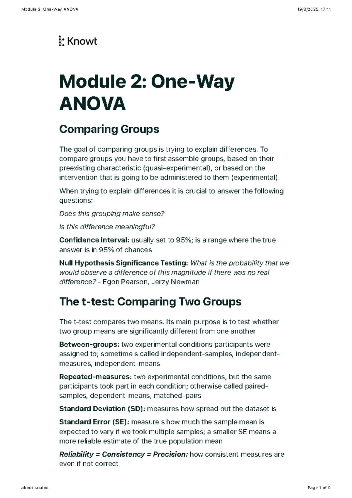 Module 2: One-Way ANOVA - Comparing Group Differences - Studocu