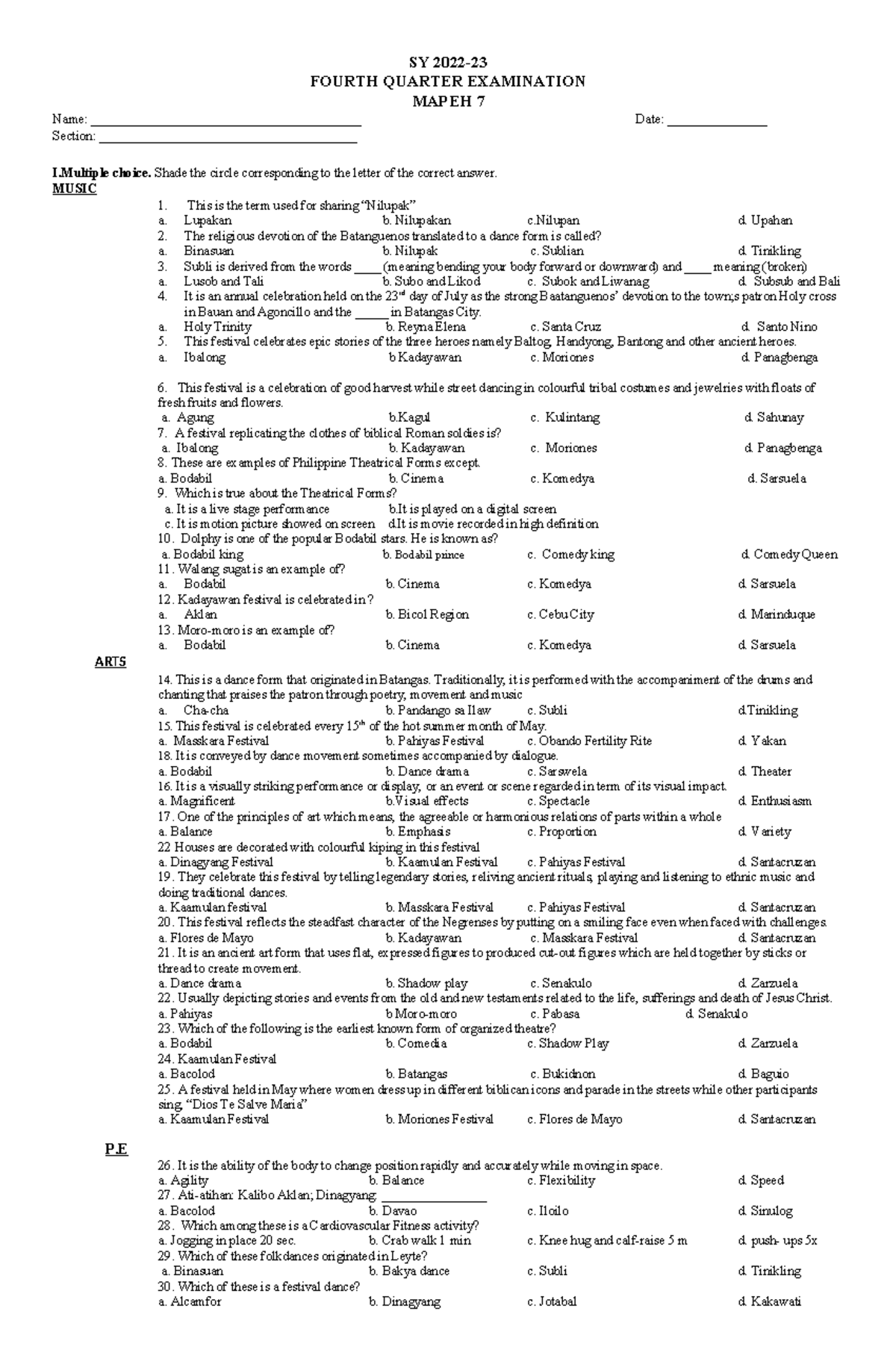 fourth Quarter examination of Mapeh grade 7-Practical test year 2023 ...