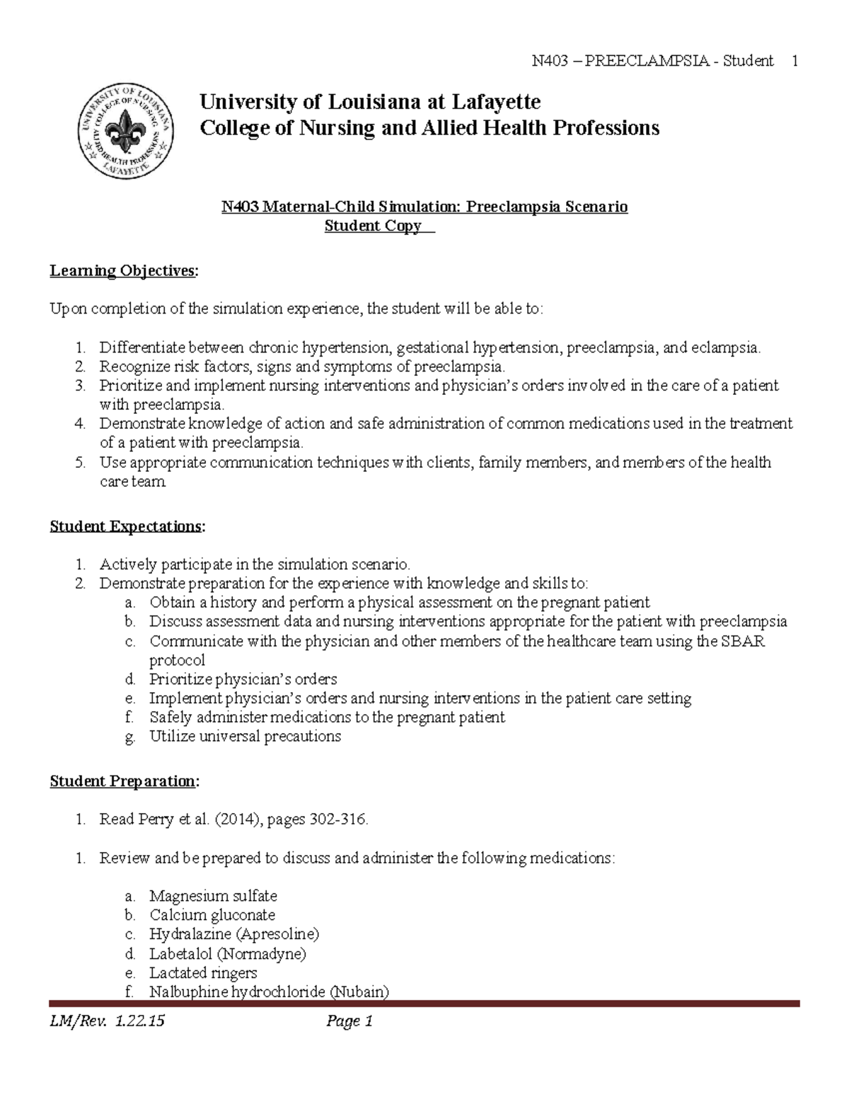 N403 Preeclampsia Simulation Student Assignment Guide SP15 - Studocu