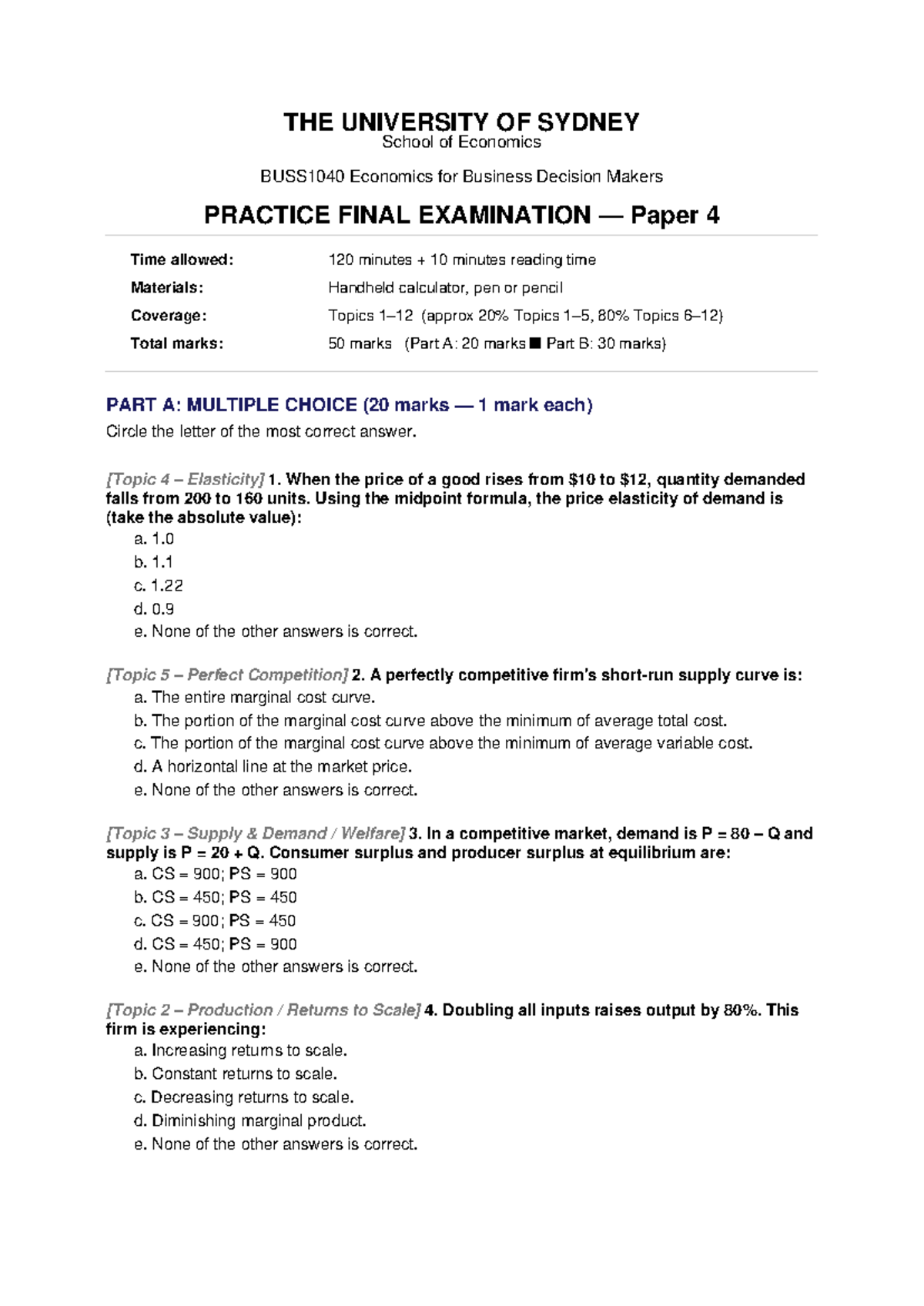 BUSS1040 Economics for Business Decision Makers Practice Final Exam 4 ...