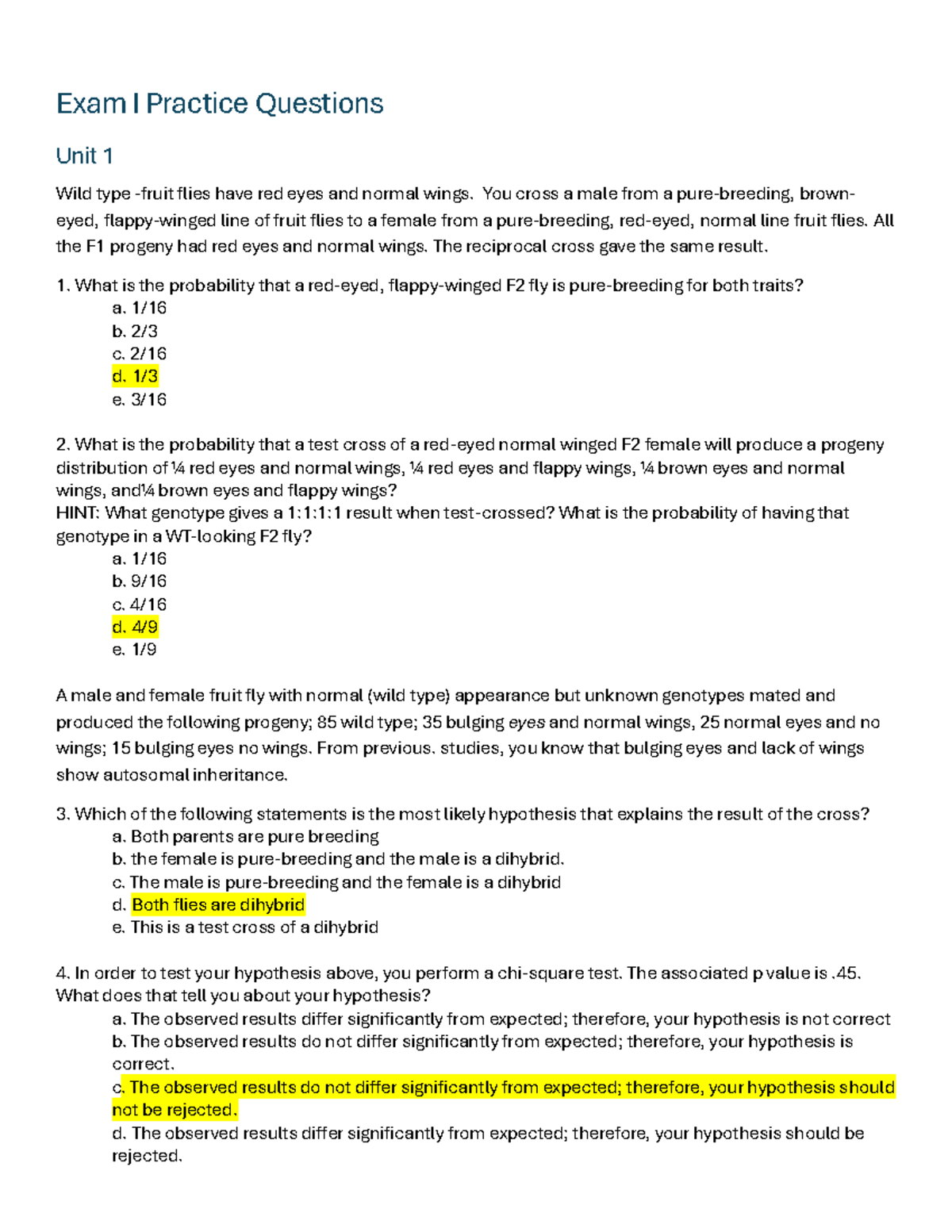 Exam I Practice Questions KEY for Genetics (Unit 1) - Studocu