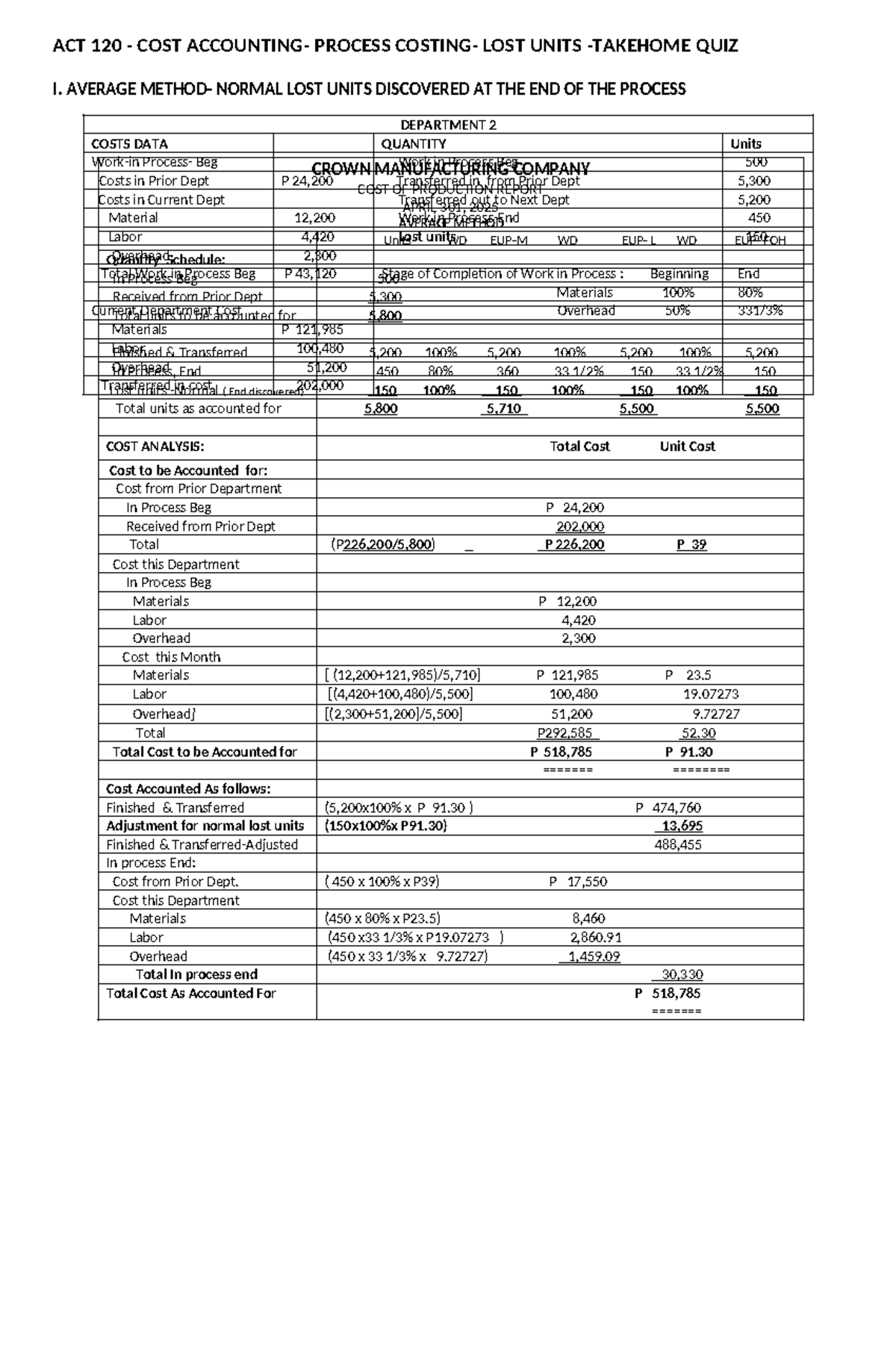 ACT 120 QUIZ: Process Costing & Lost Units Analysis - Studocu