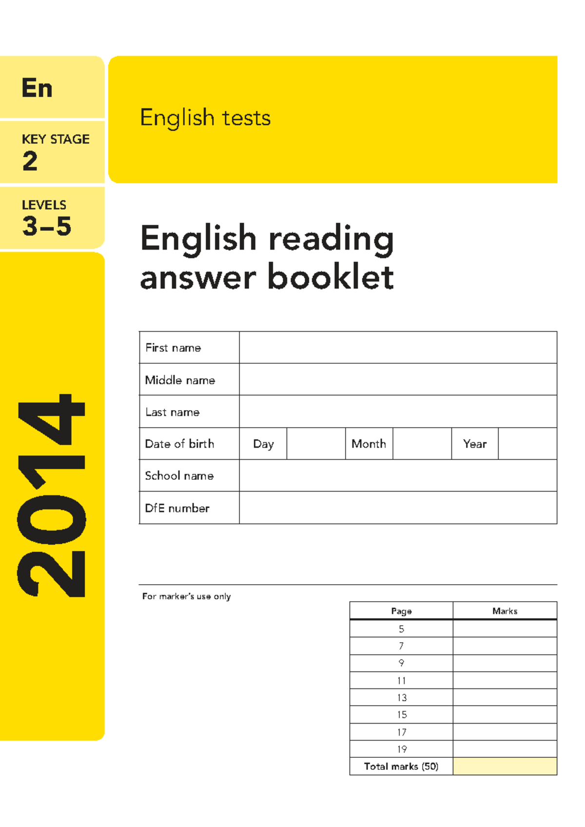 2014 KS2 L3-5 English Reading Test Answer Booklet - Studocu