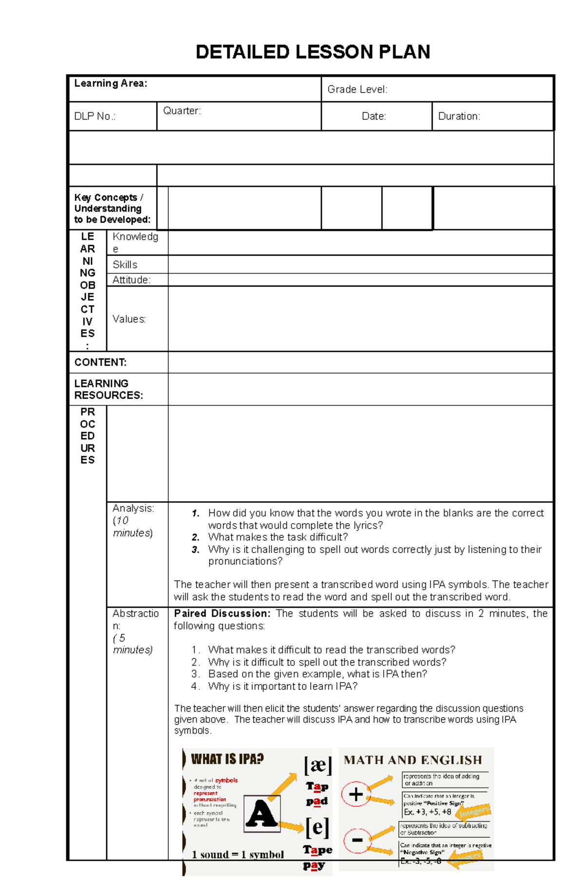 DLP IPA Transcription Lesson Plan for Grade-Level Learning - Studocu