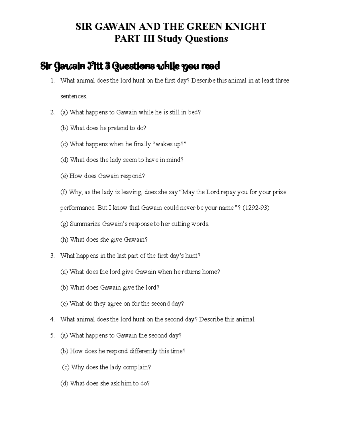 Sir Gawain and the Green Knight (ENG 201) - Fitt 3 Study Questions ...