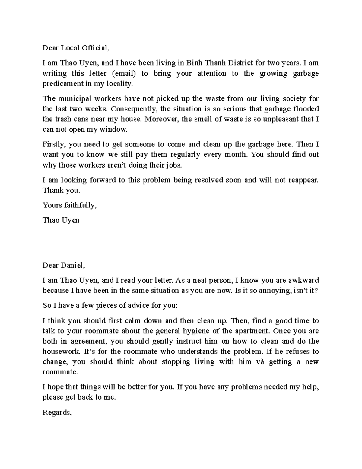Uyên tiếng anh 4 - xcvbnm,,bxdfgjk - Dear Local Official, I am Thao ...