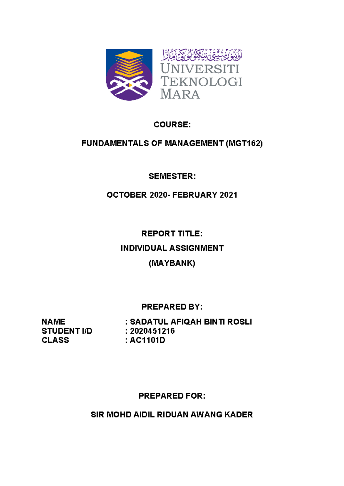 Example of Individual Assignment - fundamental of management - UiTM - Studocu