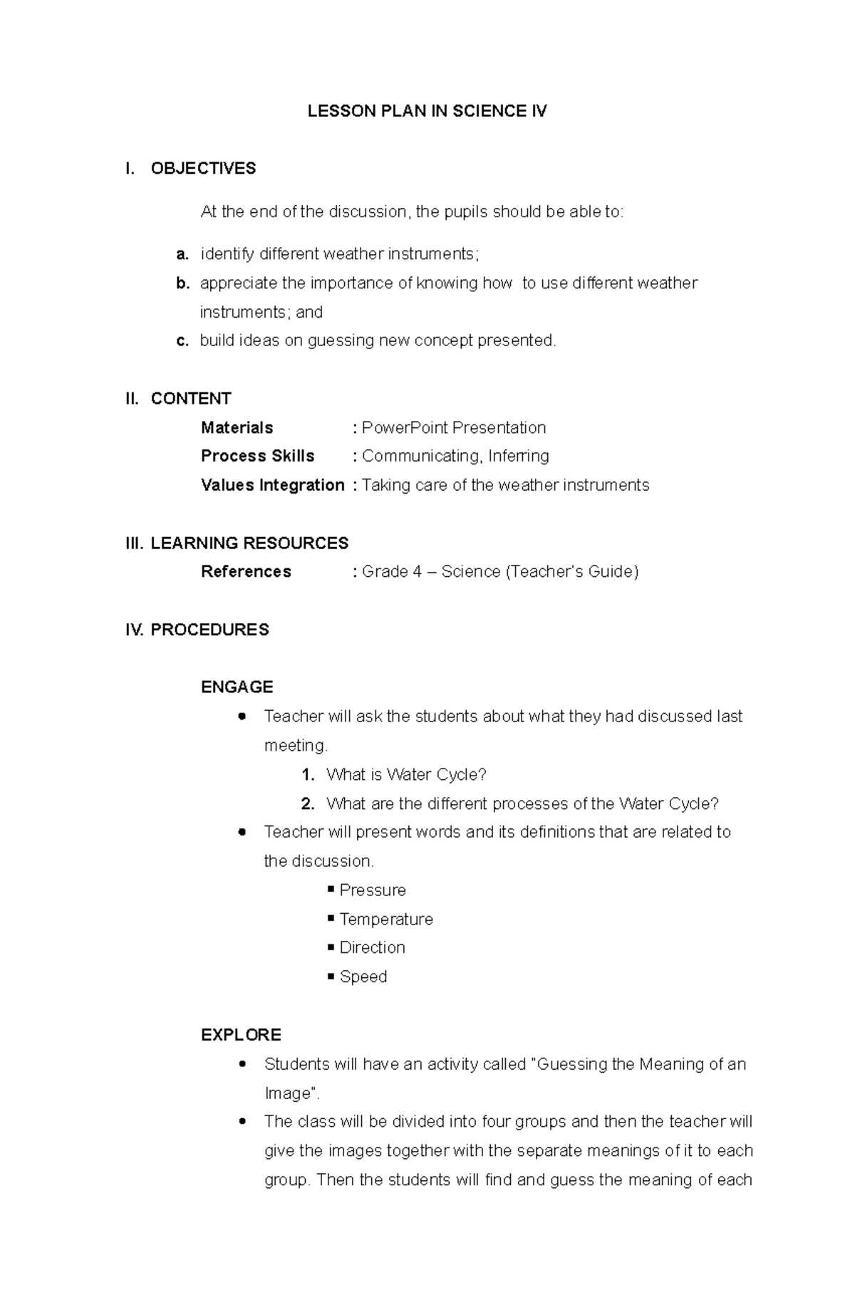 Science IV Lesson Plan: Understanding Weather Instruments and Their ...