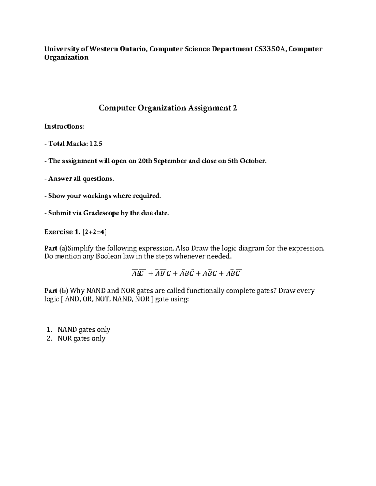 Assignment 2 CS3550A 001 - University of Western Ontario, Computer ...