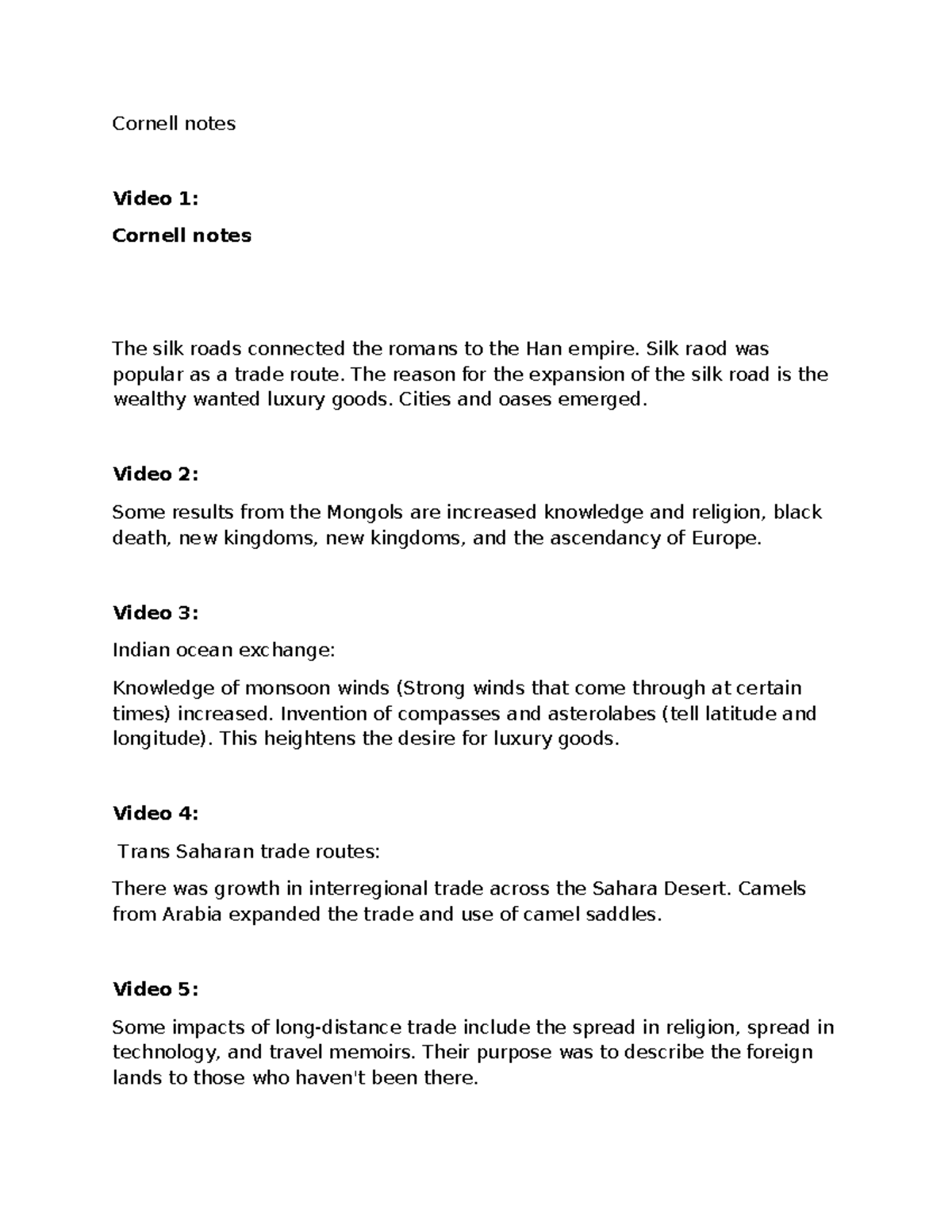 Cornell notes - Cornell notes Video 1: Cornell notes The silk roads ...