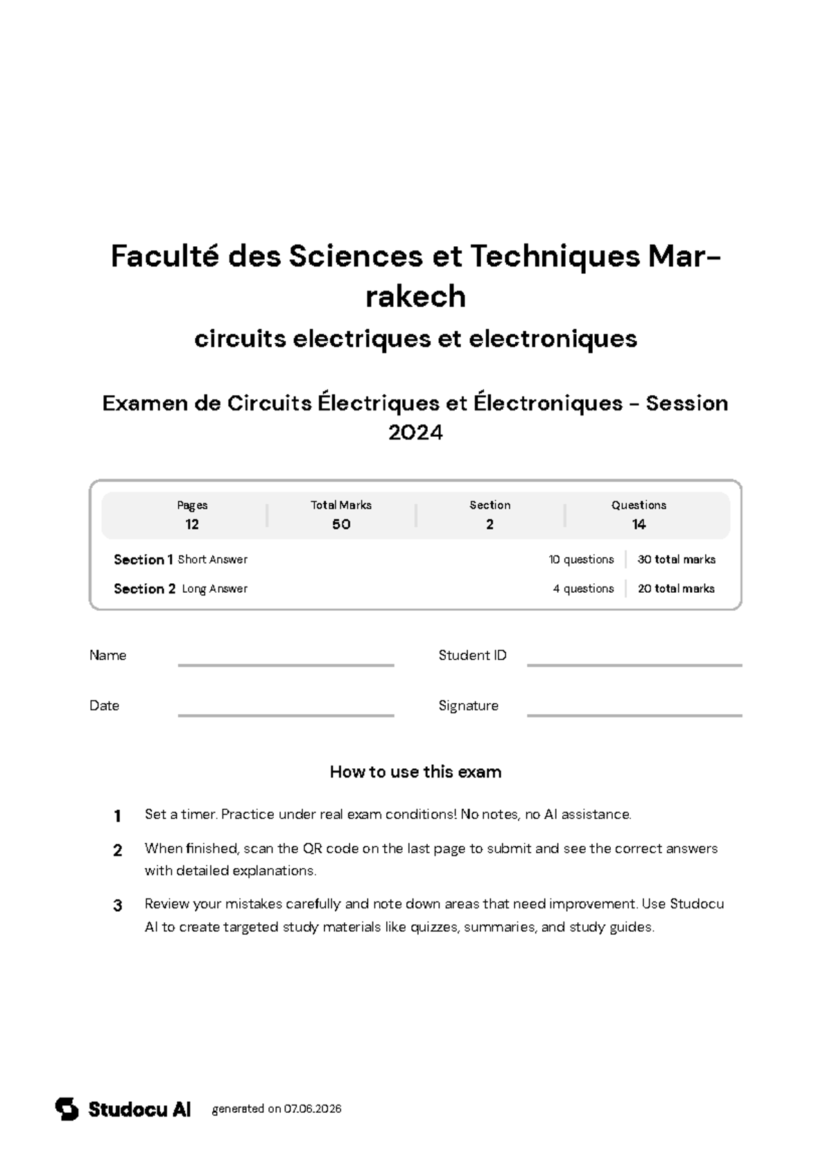 Examen de Circuits Électriques et Électroniques - Session 2024 - Studocu