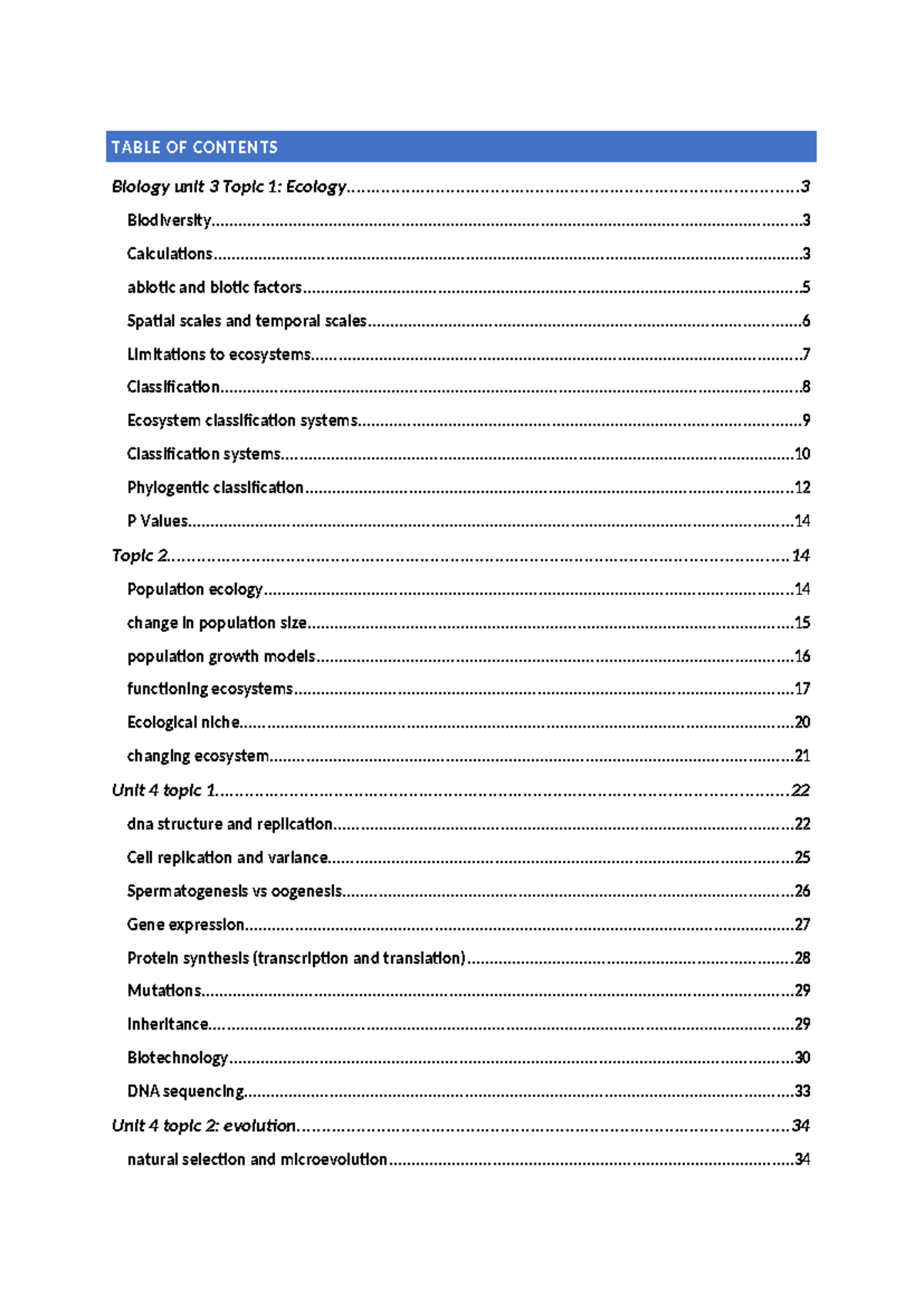Biology notes - TABLE OF CONTENTS Biology unit 3 Topic 1: - Studocu