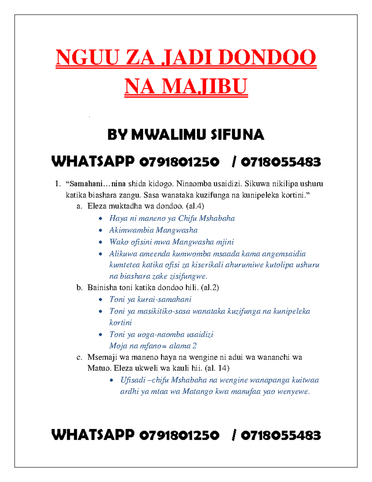 Majibu na Dondoo za Nguu za Jadi: Mwalimu Sifuna - Studocu