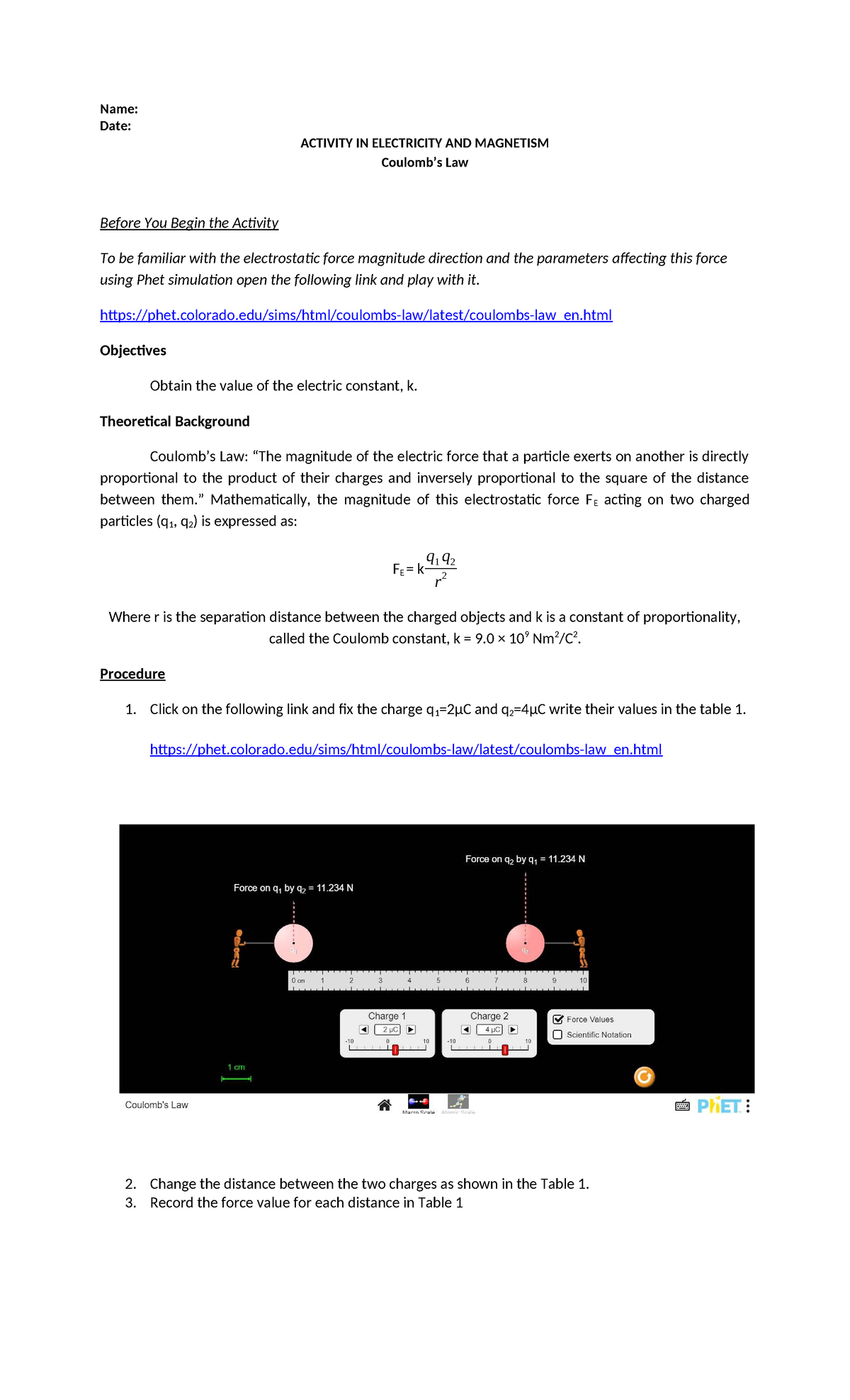 PHET Sim - Coulomb's Law Activity in Electricity & Magnetism - Studocu