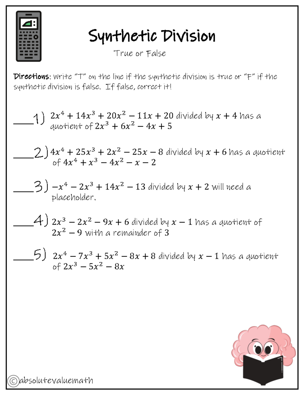 Algebra 2 Midterm Review Activity Pack - Synthetic Division True or ...