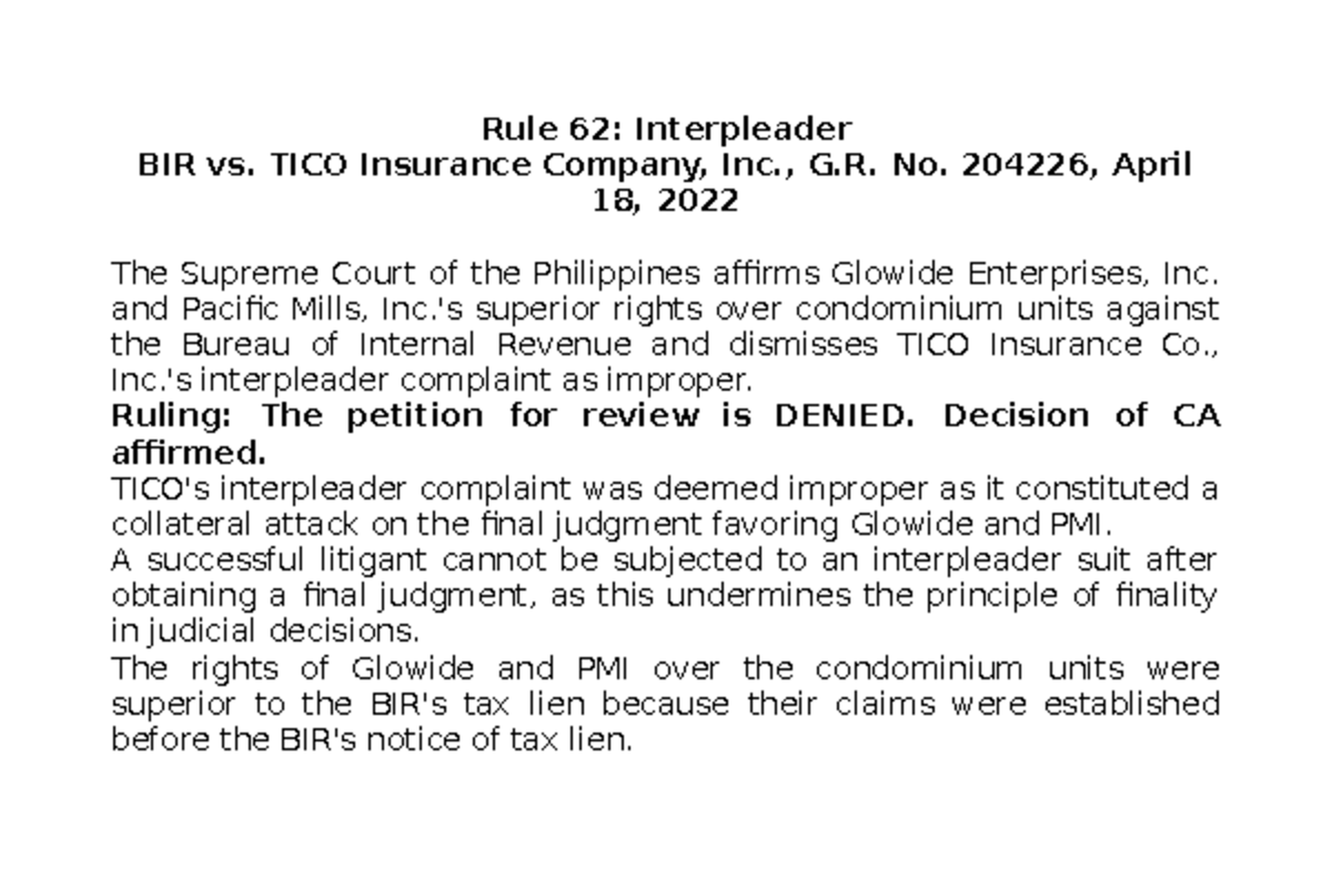 Civproindex - Summary of Interpleader and Declaratory Relief Cases - Studocu