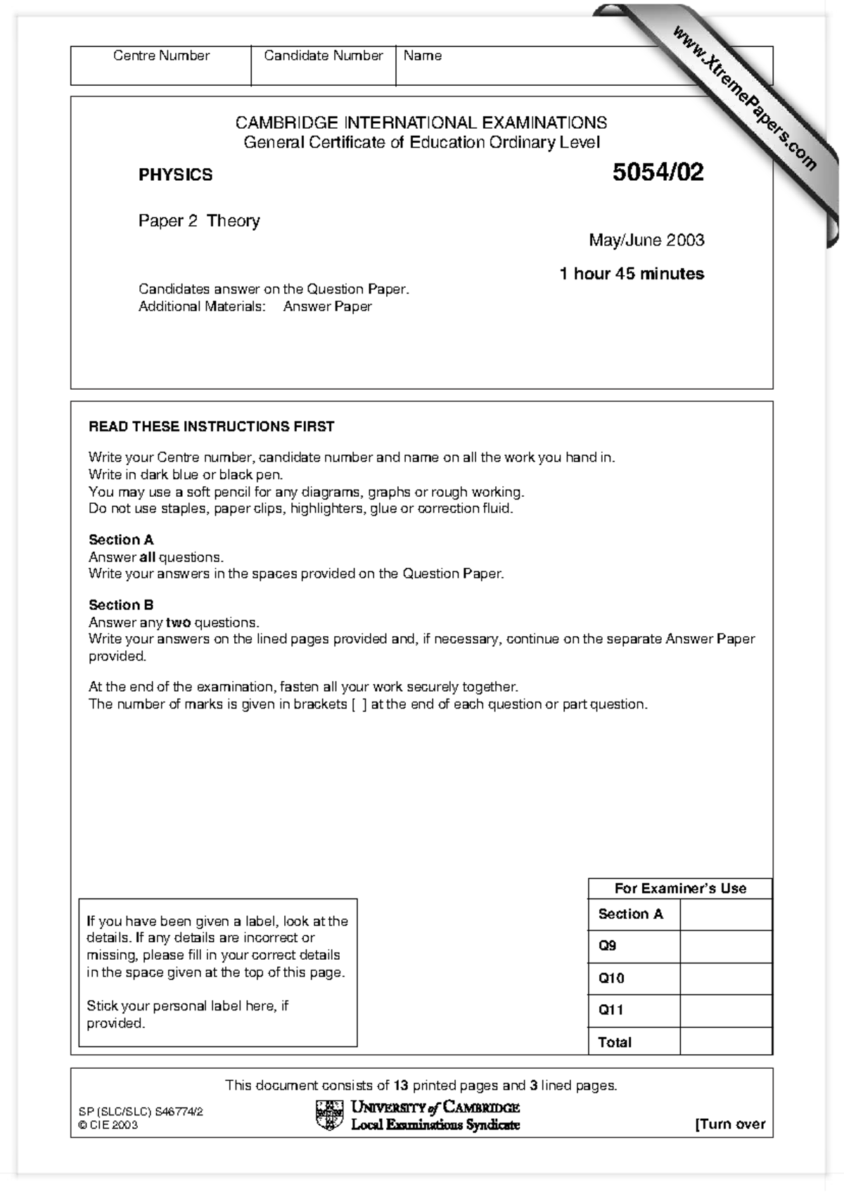 Physics 5055 Paper 2 Theory June 2003 Exam Instructions and Questions ...