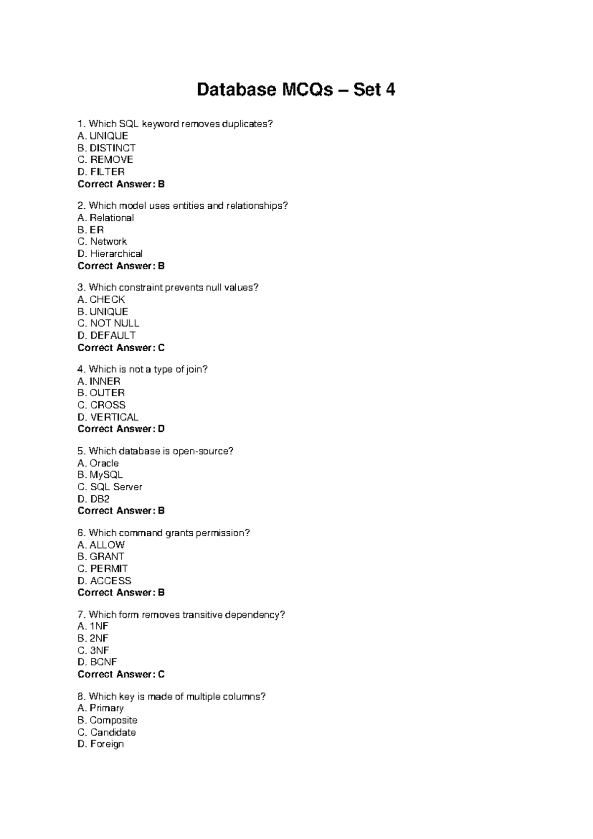 Database MCQs Set 4: Sample Test Questions and Answers - Studocu