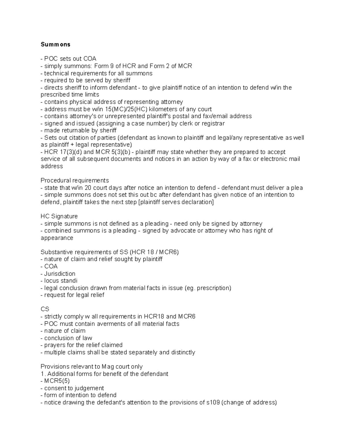 HCR & MCR Summons Guidelines: Key Procedures and Requirements - Studocu