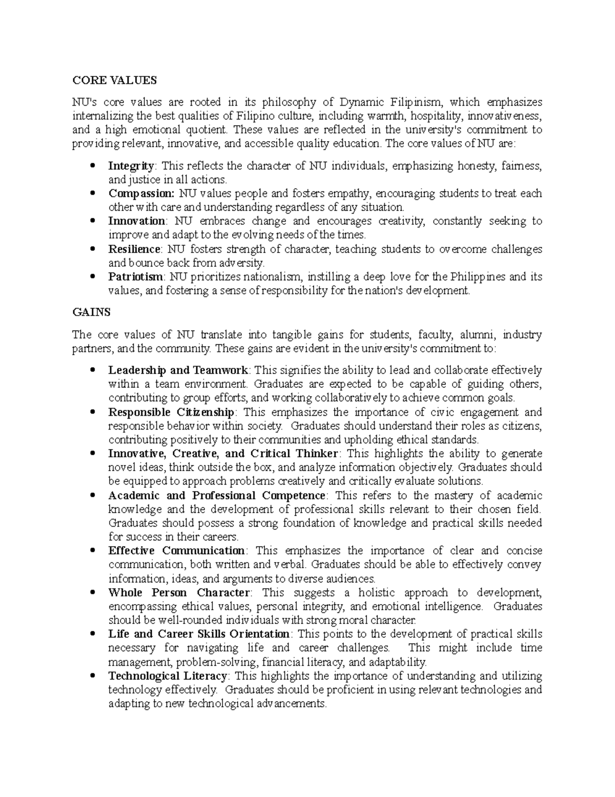 CORE Values and Tangible Gains of NU: Embracing Dynamic Filipinism ...