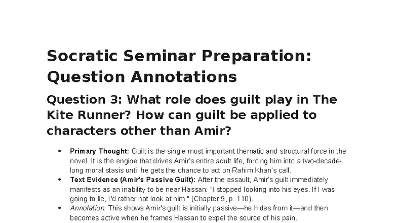 Socratic Seminar Prep: Guilt in The Kite Runner (Doc 72) - Studocu