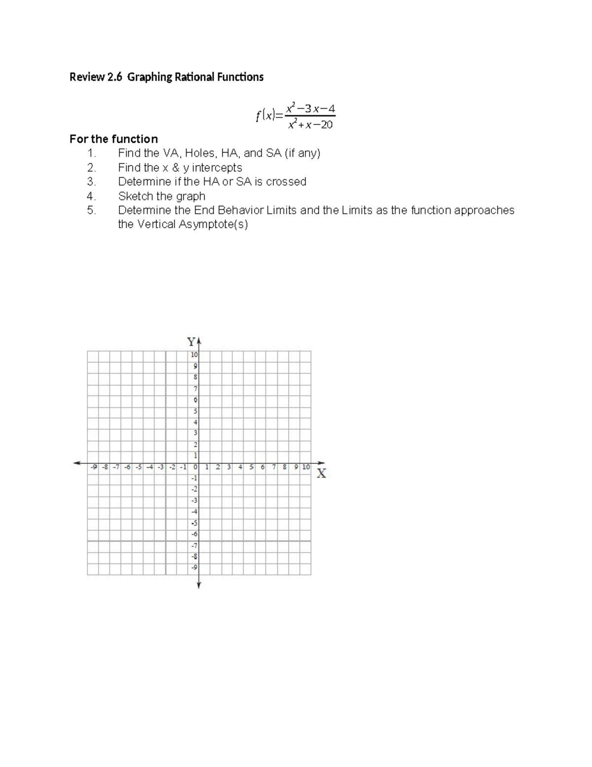 Graphing Rational Functions Practice: VA, HA, SA, and Intercepts - Studocu