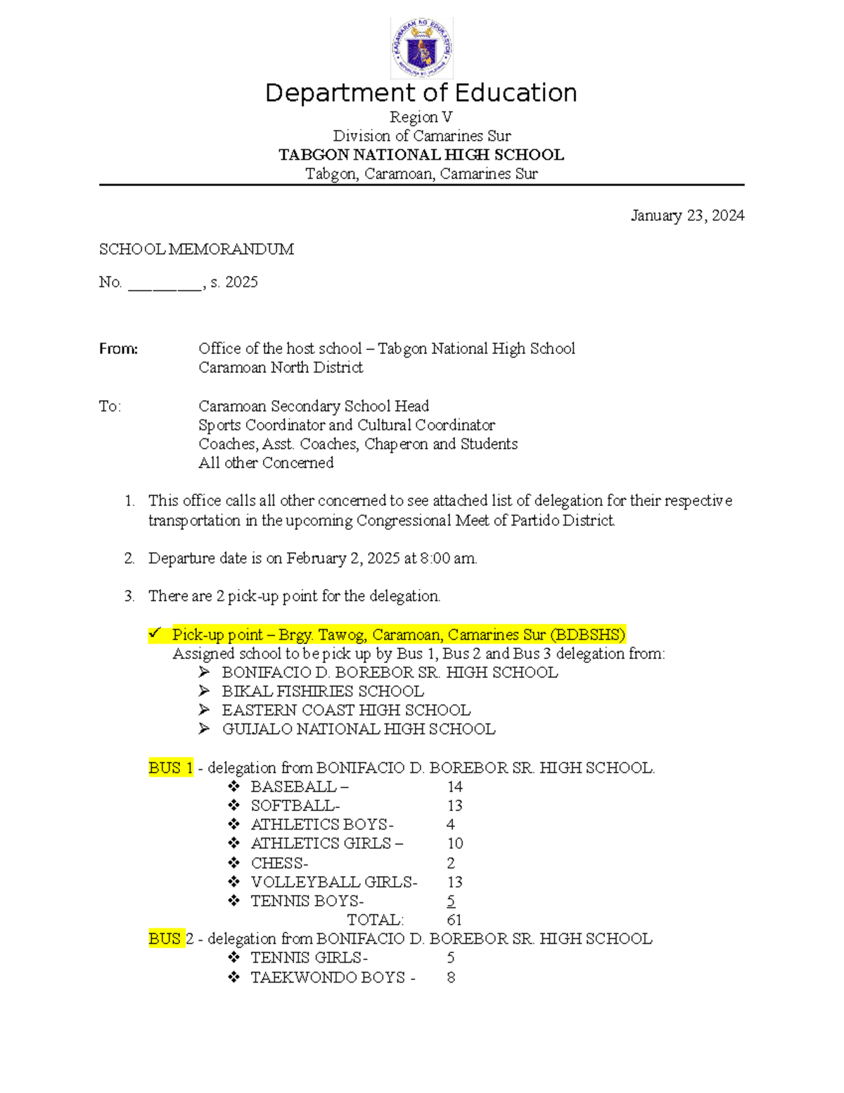 SCHOOL MEMO: Delegation List for Congressional Meet 2025 - Studocu