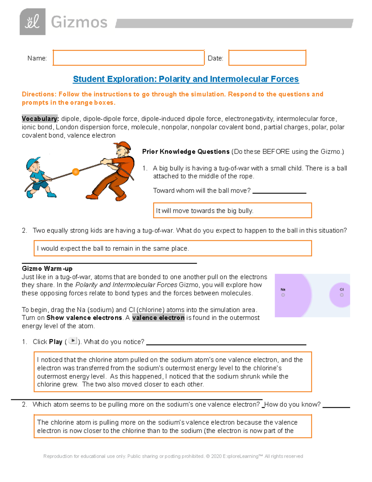 Chemistry- Polarity and Intermolecular Forces Exploration Worksheet ...