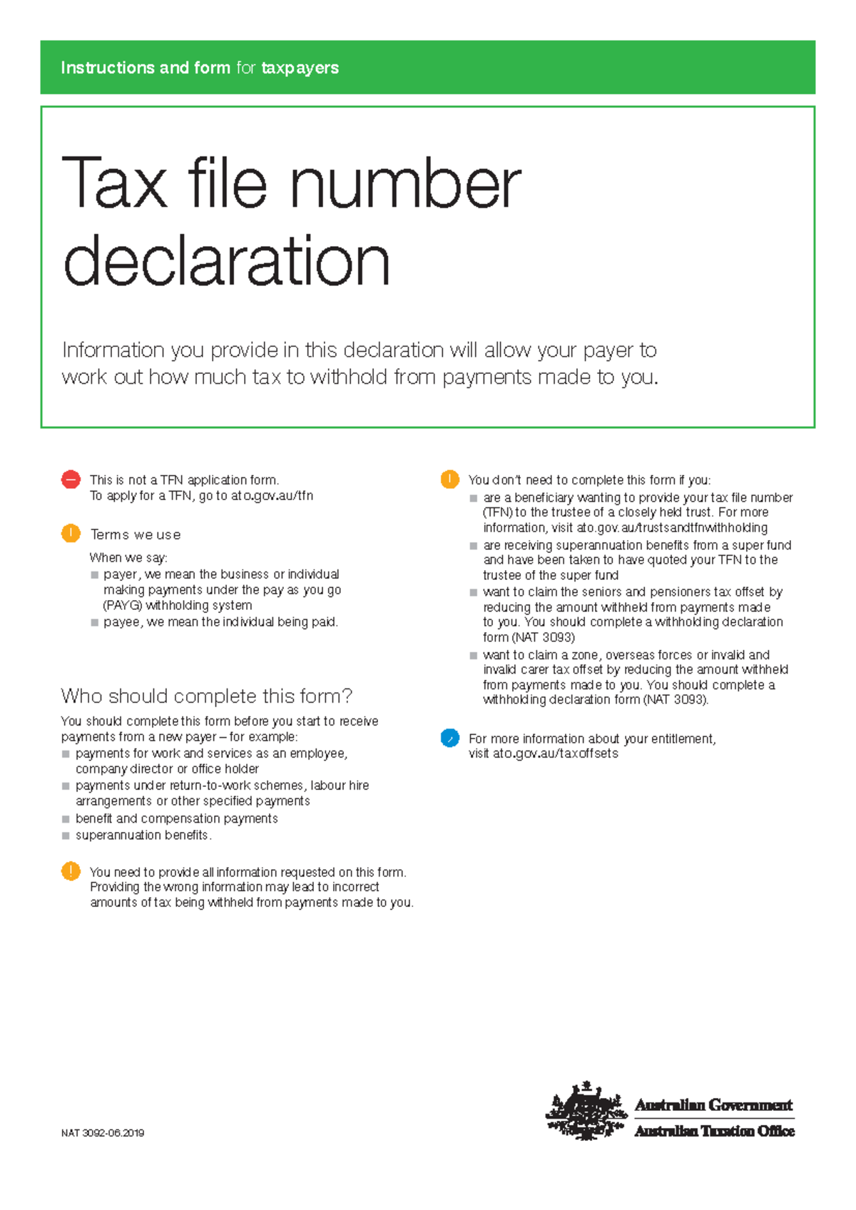 TFN declaration form N3092 - NAT 3092-06. Instructions and form for ...