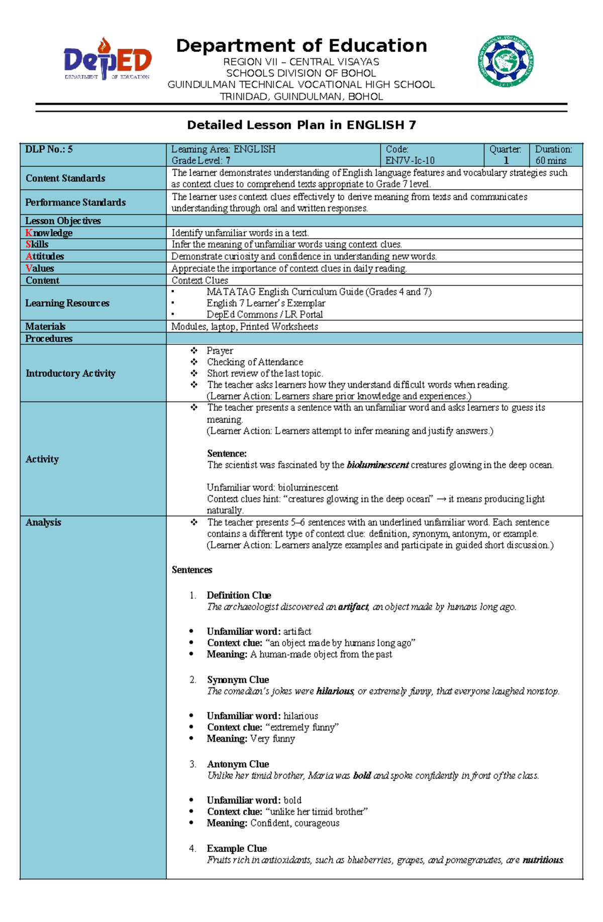 Q1 ENG 7 - Detailed Lesson Plan on Context Clues - Studocu