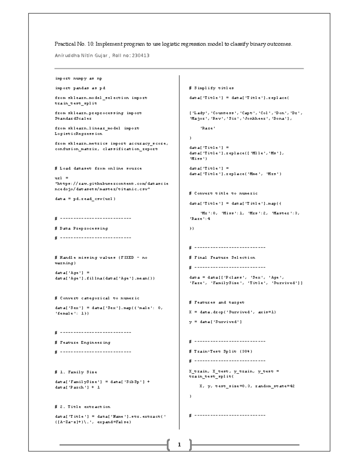Practical No. 10: Logistic Regression for Binary Classification - Studocu