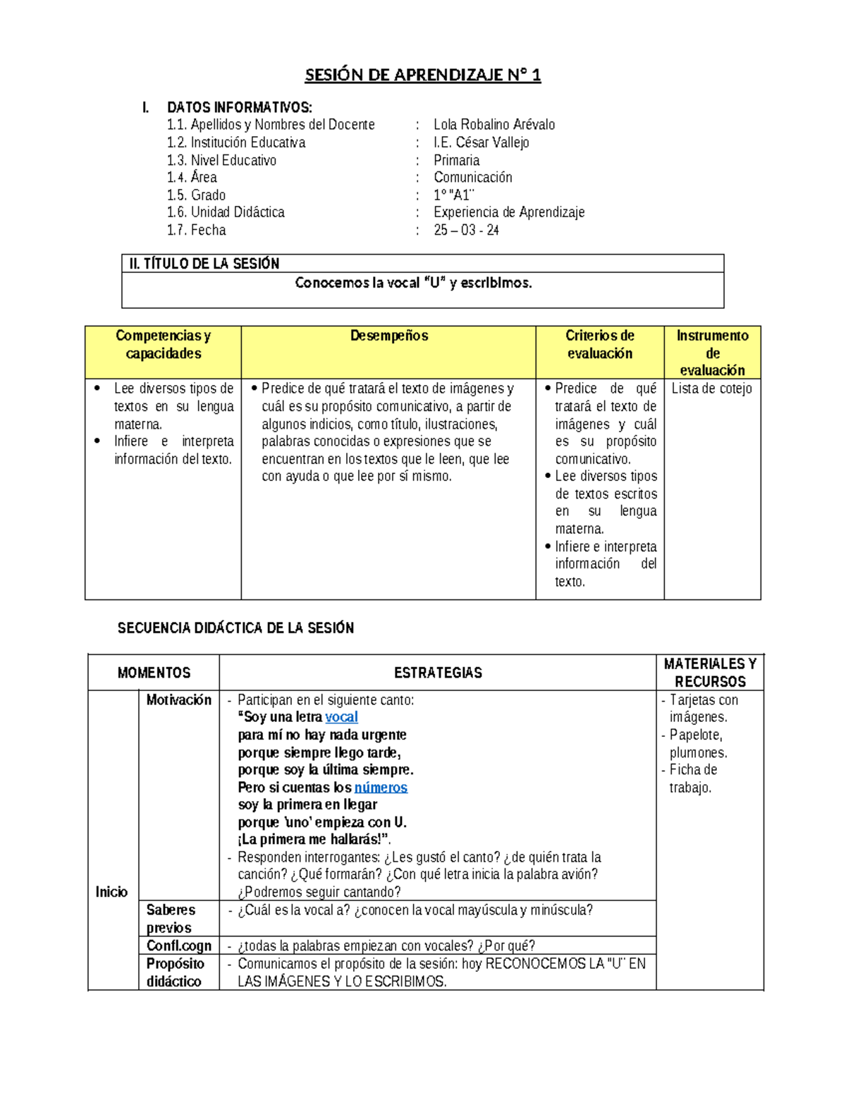 Sesion DE Aprendizaje Comunicacion Letra U 2024 - SESIÓN DE APRENDIZAJE N° 1 I. DATOS ...