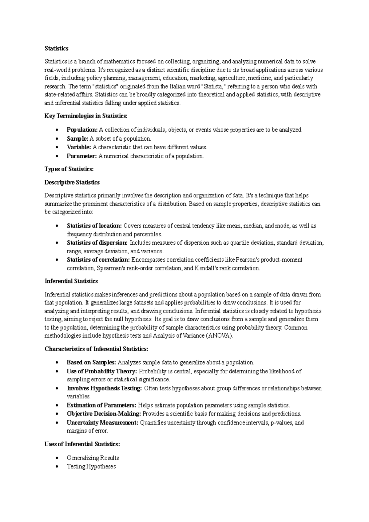 Basic Statistics Notes (STAT 101) - Key Concepts and Applications - Studocu